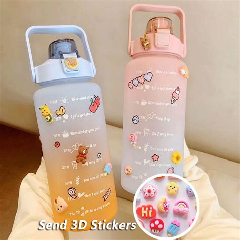 2l 대용량 물병 빨대 컵 고온 플라스틱 물컵 시간 측정 서리로 덮은 야외 스포츠 학생 커플 컵 Aliexpress