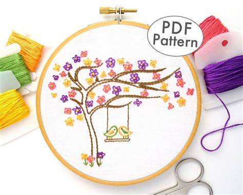Flowering Tree Hand Embroidery Pattern PDF Love Birds Spring Etsy