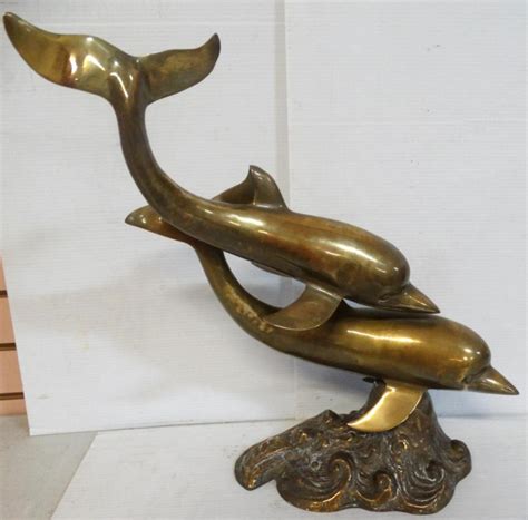 Lot Mid Century Solid Brass Dolphins Statue 18