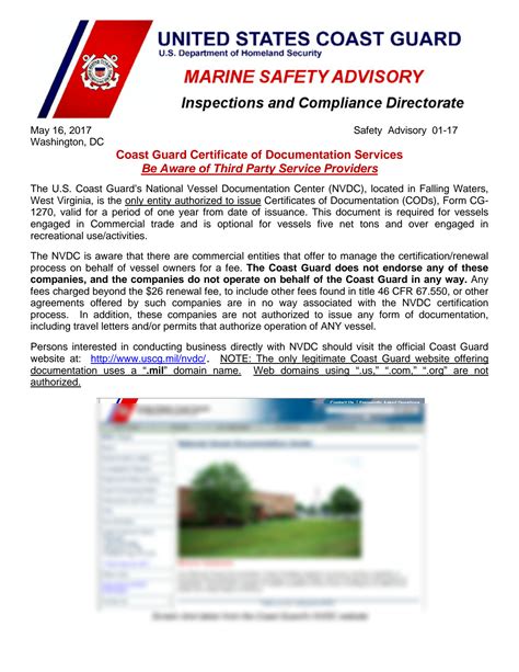 SOLUTION Uscg Safety Advisory 2017 01 Coast Guard Certificate Of Documentation Services Studypool
