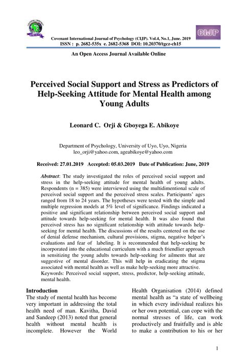 Pdf Perceived Social Support And Stress As Predictors Of Health Seeking Attitude For Mental