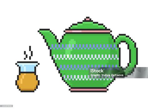 픽셀 스타일의 흰색 배경에 컵이 있는 찻주전자 벡터 일러스트 레이 션 0명에 대한 스톡 벡터 아트 및 기타 이미지 0명 녹색 단순함 Istock