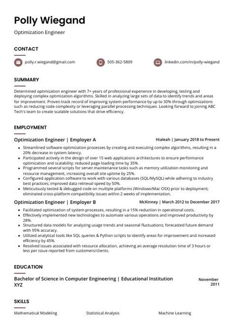 Optimization Engineer Resume CV Example And Writing Guide