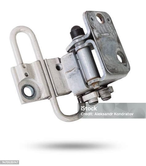 흰색 고립 된 배경에 금속 및 플라스틱 자동차 예비 부품 바디 요소 손상 또는 파손의 하드 터치를 방지 도어 스토퍼 기계 어셈블리의 세부 사항 0명에 대한 스톡 사진 및