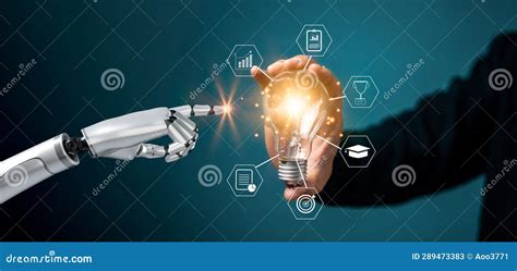 futuristic hand robot pointing lightbulb representing concepts of
