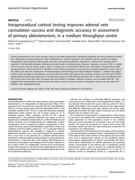Pdf Intraprocedural Cortisol Testing Improves Adrenal Vein Cannulation Success And Diagnostic