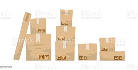 만화 스타일의 골판지 상자 세트 흰색 배경에 고립 된 플랫 벡터 일러스트레이션 가구에 대한 스톡 벡터 아트 및 기타 이미지 가구 이주 개념 0명 Istock