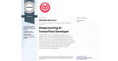 Krishna Malyala On Linkedin Completion Certificate For Deeplearningai