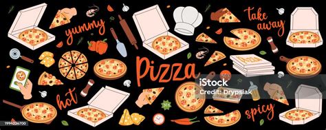 신선한 피자 세트 전통적인 이탈리아 패스트 푸드 레스토랑 카페 메뉴 전체 및 조각 이탈리안 피자 벡터 일러스트 레이 션입니다 낙서 드로잉에 대한 스톡 벡터 아트 및 기타
