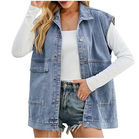 Jsaierl Womens Sleeveless Denim Vest Oversized Washed Lapel Jean