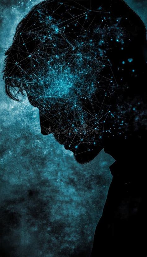 Cognitive Network Silhouette Of A Person With Glowing Brain Blue Neural Connections Stock
