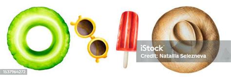 밀짚모자 막대기에 아이스크림 수영을 위한 원 선글라스를 쓴 수채화 세트 열대 과일은 흰색 배경에 분리되어 있다 디자이너 스파