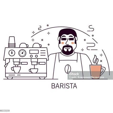 카페테리아에서 바리스타로 일하고 있습니다 커피를 만드는 남자 카페 카운터 낙서 스케치 스타일 기계류에 대한 스톡 벡터 아트 및 기타 이미지 Istock