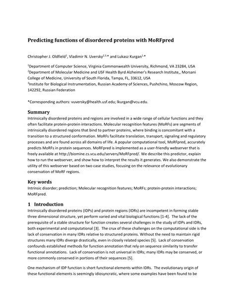 Pdf Predicting Functions Of Disordered Proteins With Morfpred