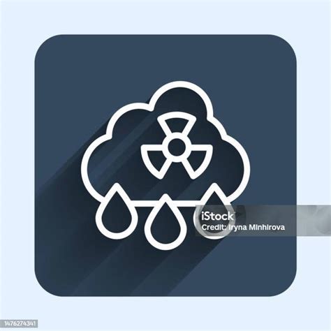 긴 그림자 배경으로 격리 된 화이트 라인 산성 비와 방사성 구름 아이콘 독성 대기 오염이 환경에 미치는 영향 파란색 정사각형 버튼 벡터 개념에 대한 스톡 벡터 아트 및 기타