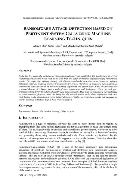 Ransomware Attack Detection Based On Pertinent System Calls Using Machine Learning Techniques Pdf