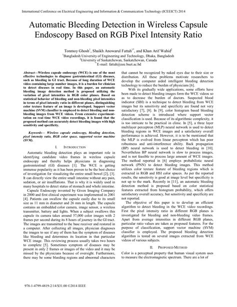 Pdf Automatic Bleeding Detection In Wireless Capsule Endoscopy Based On Rgb Pixel Intensity Ratio