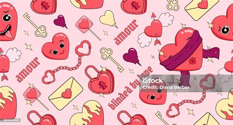 발렌타인 데이 완벽 한 패턴 하트 문자 큐피드 자물쇠 열쇠 체인 및 고딕 텍스트 낭만적 인 복고풍 배너 벡터 일러스트 레이 션 가공의 인물에 대한 스톡 벡터 아트 및 기타