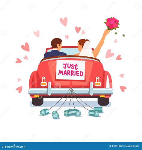 Newlywed Couple Is Driving Car For Their Honeymoon Stock Vector