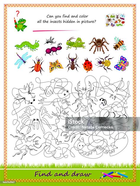 어린 아이들을 위한 교육 페이지입니다 그림에 숨겨진 모든 곤충을 찾아 색칠할 수 있습니까 논리 퍼즐 게임 색칠 공부 어린이 학교 교과서에 대한 워크시트입니다 벡터 만화