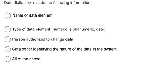 Solved Data Dictionary Include The Following Information