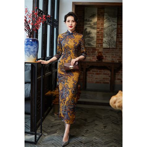 【長旗袍系列】紅眸 旗袍 洋裝 中國風 古早服飾 長旗袍 秋冬複合花羅旗袍 洋裝七分袖 尾牙 喜宴婚禮服 蝦皮購物