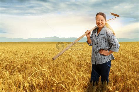 拿着锄头站着麦田里的农民高清图片下载 正版图片507692299 摄图网