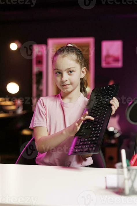 Cute Girl Showing Viewers Mechanical Keyboard Received From Sponsoring Brand To Promote It Gen