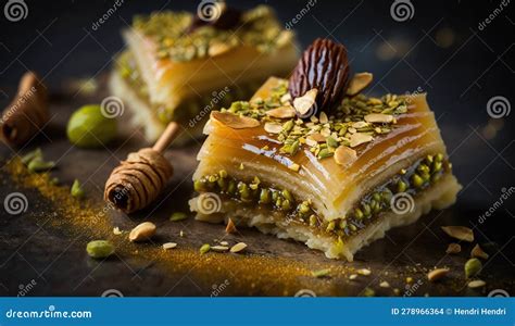 Sweets Arabic Dessert Baklava Warbat Kunafa Kadayif With Pistachio And Cheese Generative Ai
