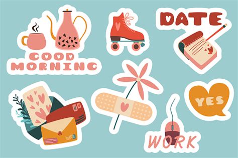 일일 플래너 스티커 세트 할 일 목록을위한 패치 컬렉션 따옴표와 삽화가있는 주간 배지 트렌디 한 스케줄러 또는 주최자 메모 용지