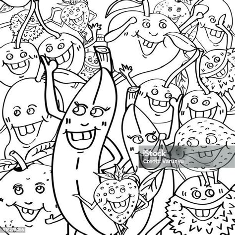 손으로 그린 과일 만화 캐릭터 낙서 스타일 착 색도 서 페이지와 파티 개념 성인과 어린이 벡터 일러스트 레이 션 디자인 개체 그룹에 대한 스톡 벡터 아트 및 기타 이미지