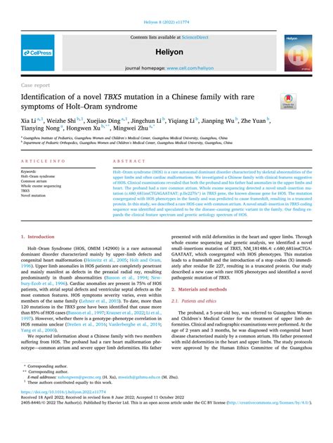 PDF Identification Of A Novel TBX5 Mutation In A Chinese Family With Rare Symptoms Of Holt