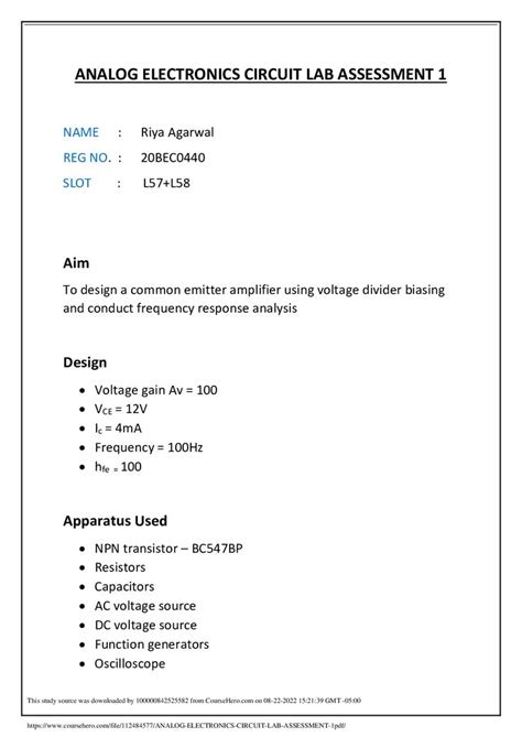 ANALOG ELECTRONICS CIRCUIT LAB ASSESSMENT Electronics Circuit Function Generator Common Emitter