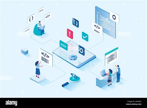 Web Development 3d Isometric Design People Designers Create And Optimize Code Programming At
