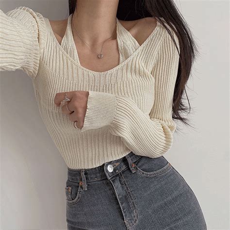 [유니크한 넥라인~] 홀터넥 리본 끈 매듭 레이어드 슬림 골지 브이넥 긴팔 니트 티셔츠 에이블리