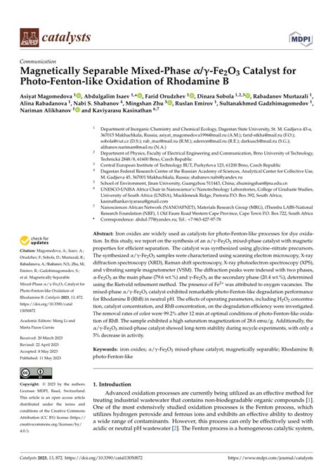 Pdf Magnetically Separable Mixed Phase αγ Fe2o3 Catalyst For Photo Fenton Like Oxidation Of