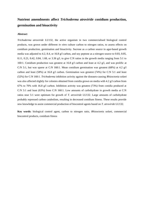 Pdf Nutrient Amendments Affect Trichoderma Atroviride Conidium