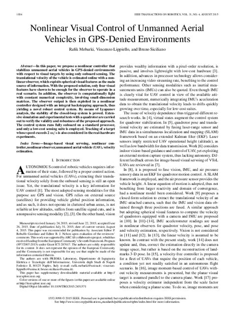 Pdf Nonlinear Visual Control Of Unmanned Aerial Vehicles In Gps Denied Environments