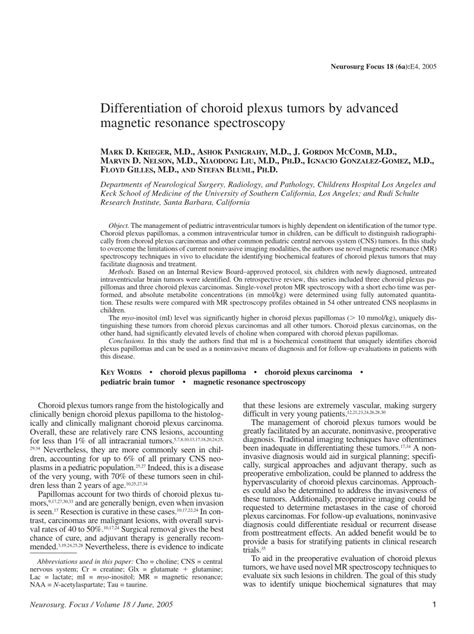 Pdf Differentiation Of Choroid Plexus Tumors By Advanced Magnetic Resonance Spectroscopy