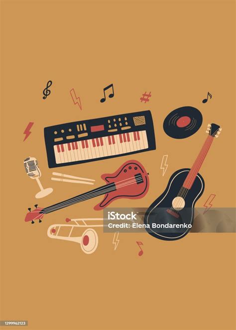 신디사이저 베이스 기타 어쿠스틱 기타 빈티지 마이크 비닐 드럼 스틱 노트 트럼펫 벡터 음악 디자인 초대 카드 포스터 인쇄 또는 전단지를 위한 만화 낙서 일러스트레이션