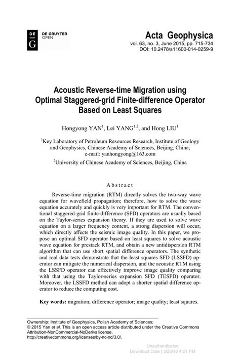 Pdf Acoustic Reverse Time Migration Using Optimal Staggered Grid Finite Difference Operator
