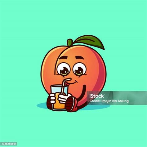 복숭아 주스와 함께 앉아 귀여운 복숭아 과일 캐릭터 과일 문자 아이콘 개념 격리 이모티콘 스티커 플랫 만화 스타일 벡터 0명에