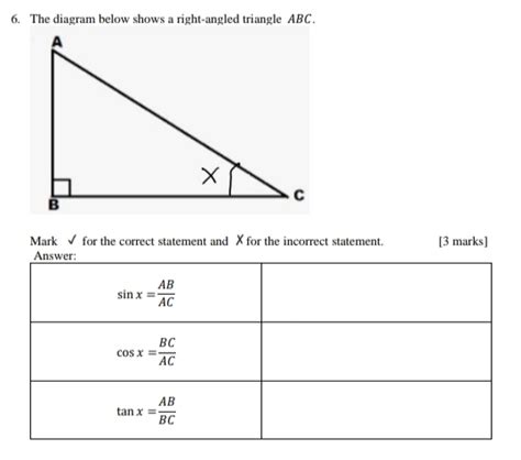 Solved The Diagram Below Shows A Right Angled Triangle ABC Mark For The Correct Statement And