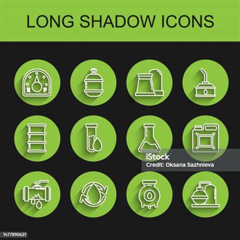 세트 라인 새는 물 오일 드롭 모터 가스 게이지 및 산업 공장 건물 휘발유 시험관 가솔린 용기 및 테스트 플라스크 아이콘이 있는 깨진 금속 파이프 벡터 가솔린에 대한 스톡