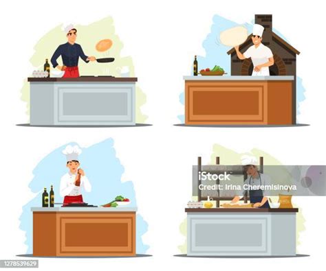 레스토랑 주방 일러스트 세트에서 요리사 요리 향신료와 야채 샐러드 피자 팬케이크 빵을 굽는 고기 마스터 요리 식사 전문 요리 쇼