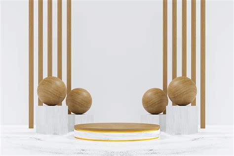 흰색 배경에 나무와 대리석 원 연단 신제품 프로모션 세일 배너 프리젠 테이션 화장품 컨셉 장면 무대 쇼케이스 3d 일러스트레이션 3차원 형태에 대한 스톡 사진 및 기타