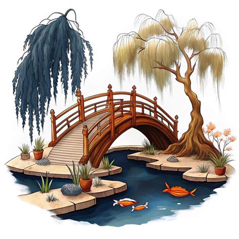 A Drawing Of A Bridge With A Tree And A Bridge In The Background Premium AI Generated Image
