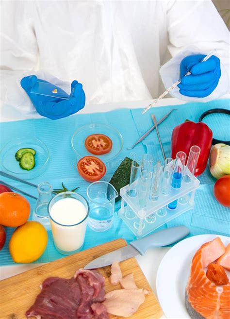 Laboratory Testing Of Different Food Products Selective Focus Stock