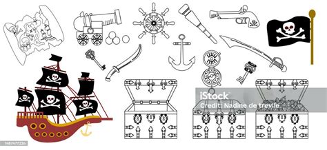 해적 세트 배 망원경 지도 대포 권총 나침반 닻 보물 상자 선형 스타일의 벡터 그림입니다 어린이와 성인을 위한 색칠하기 책t 트렁크 가방에 대한 스톡 벡터 아트 및 기타