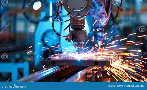 Closeup Of Automated Robot Arm In Manufacturing Factory Warehouse Laser